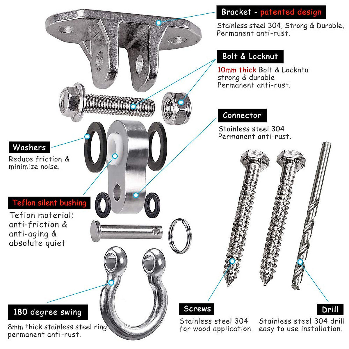 IOH 2 Pcs Heavy Duty Swing Hangers Stainless Steel 304 antirust【2000 lb Capacity】 180° Silent Swing, Playground Porch Yoga Seat Trapeze, Hammock Chair, Hanging Kit, Swing Set Indoor Outdoor