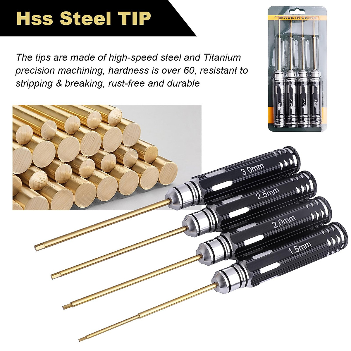 Hobbypark 1.5mm 2.0mm 2.5mm 3.0mm Hex Screw Driver Set Titanium Hexagon Screwdriver Allen Wrench Tool Kit for RC Car Multi-Axis FPV Racing Drone RC Quadcopter Helicopter Models