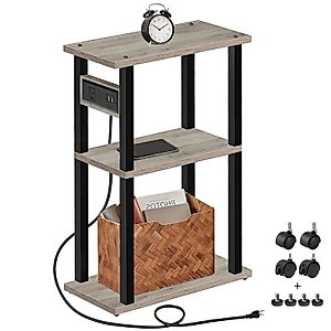 TUTOTAK Small Narrow Side Table with Charging Station, Skinny End Table for Small Spaces, Slim Nightstand with USB Ports and Outlet, Sofa Beside Table with Wheels, Greige TB01BG046