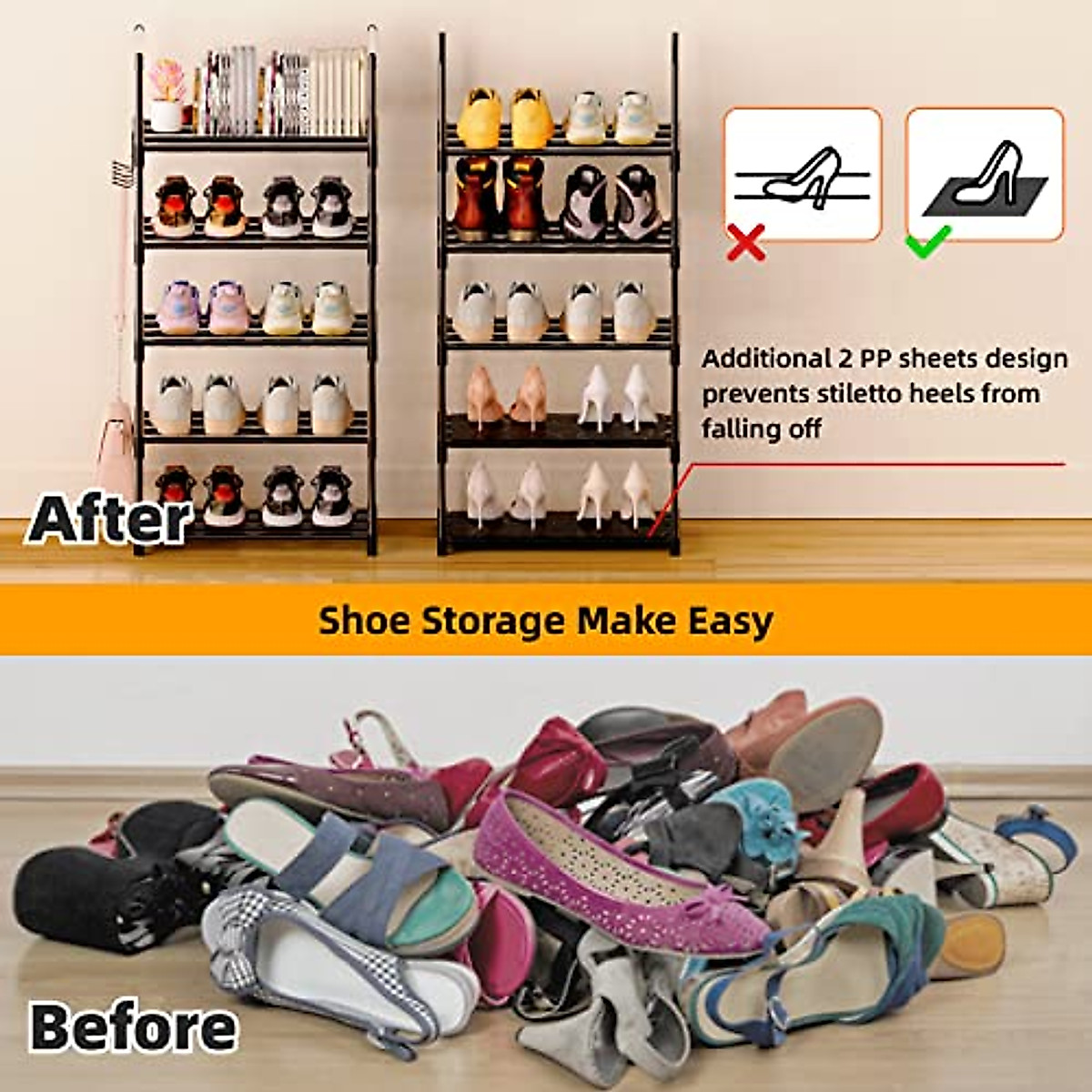 Antigo 10 Tier Tall Shoe Rack for Closet, Narrow Shoe Rack for Entryway, 20-24 Pairs Vertical Shoe Organizer Storage Space Saving,Metal Stackable Shoe Stand Shelf Shoe Tower with Hook Pp Gaskets