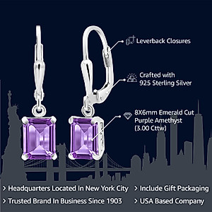 Gem Stone King 925 Sterling Silver 8X6MM Emerald Cut Gemstone Birthstone Leverback Drop Dangle Earrings For Women