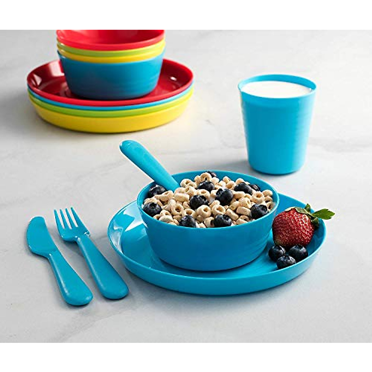 Klickpick Home Children Plastic Dinnerware Set Of 36 Pieces 6 colors Kids Set Includes, Kids Cups, Plates, Bowls, Flatware Set, Toddler Dishes Tumblers Reusable, Microwave Dishwasher Safe
