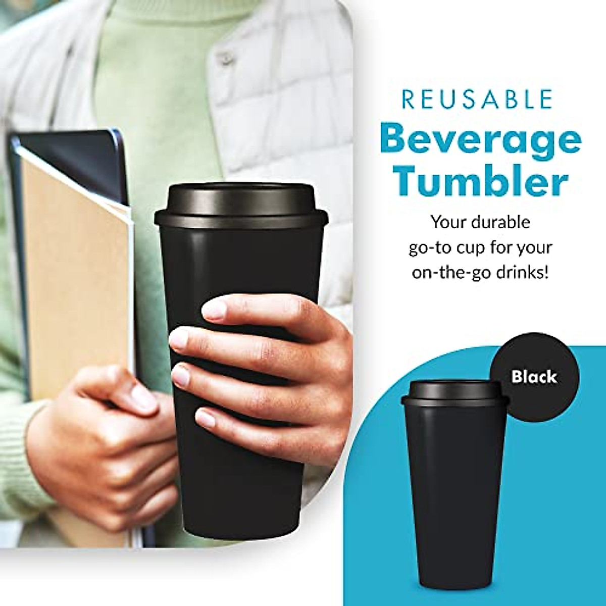 Simply Green Solutions - Reusable Coffee Cups with Lids, Thermal Cups for Hot and Cold Drinks, Double Wall Tumbler, To Go Coffee Cups, 16 oz Coffee Tumbler, Screw-On Sip Lid, Dishwasher Safe, Black