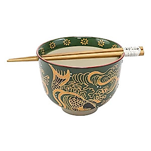 Ebros Gift Colorful Green And Yellow River Koi Fishes With Crystals Ramen Udong Noodles Bowl With Built In Chopsticks Rest and Bamboo Chopstick Set for Kitchen Dining Soup Rice Meal Bowls (1)