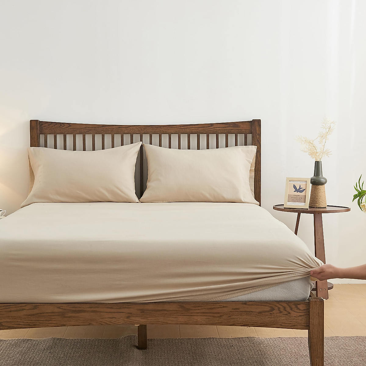 Simple&Opulence Belgian Linen Sheet Set Solid Color - 3 Pieces (1 Flat Sheet, 1 Fitted Sheet & 1 Pillowcase) Natural Flax Cotton Blend Soft Breathable Farmhouse Bedding - Twin Size, Linen/Beige