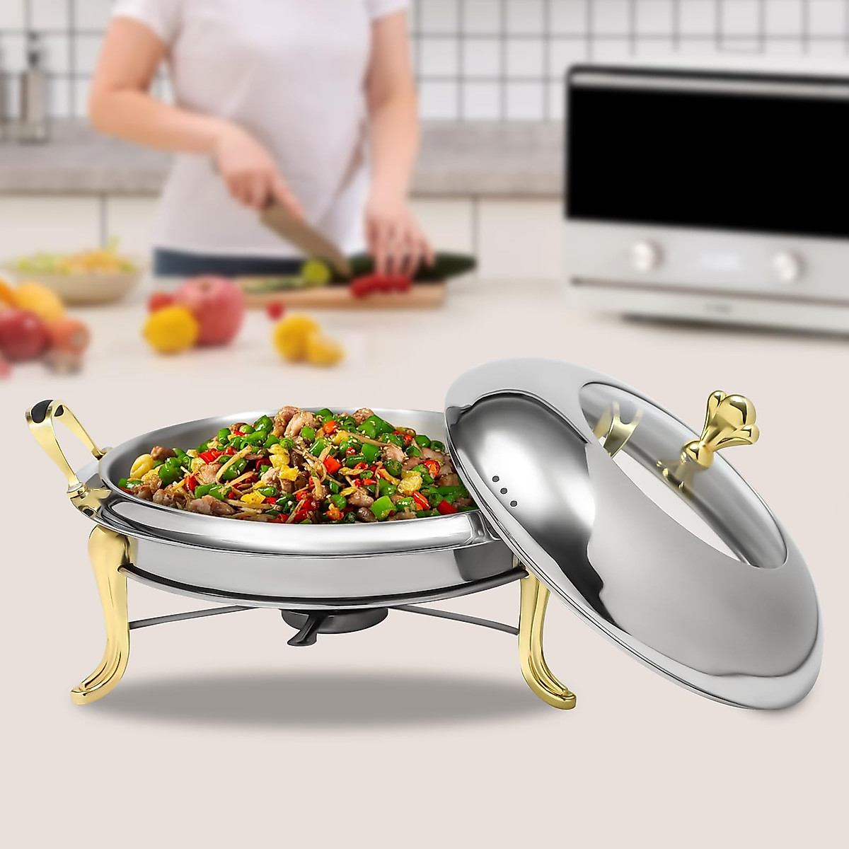 2.5QT Stainless Steel Round Chafing Dishes for Buffet, Electric Chafing Dish Buffet Set, Food Warmer Buffet, Warming Trays for Buffets with Glass Lid & Lid Holder, for Wedding Party Banquet Event