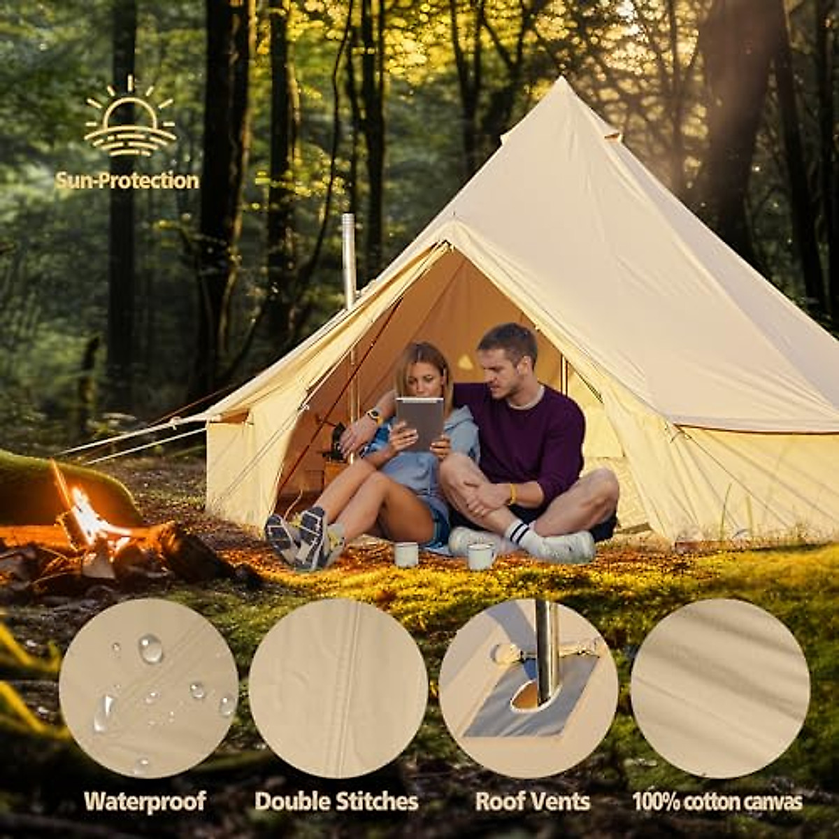 Glamcamp Bell Tent,4 Seasons Breathable 100% Cotton Canvas Yurt Tent - w/Stove Jack,Luxury Camping Tent Outdoor,Zipped Removable Floor Water Repellent, 13.1ft(4M)