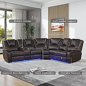 Modern Manual Reclining Motion Corner Sectional Sofa ,5 Seaters PU Leather Recliner Sofa & Couch Curved L-Shaped Couch W/ LED Strip, Console Storage and 2 Cup Holders for Living Room Furniture Sets