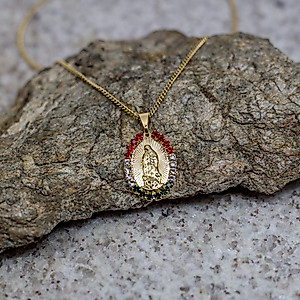 AMA 18K Gold-Plated Guadalupe Pendant Choker with Swarovski - 18-Inch Adjustable Golden Chain with Red, Green, White Crystal-Encrusted Virgin Mary Piece - Hypoallergenic Religious Jewelry for Women