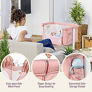 GLACER 3 in 1 Baby Bassinet, Portable Bedside Sleeper w/ Cradle Mode, Removable Mattress, Adjustable Height, Storage Pockets & Lockable Wheels, Newborn Infant Travel Crib Bed w/ Carry Bag, Pink