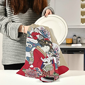ALAZA Japanese Wave Geisha Flower Kitchen Towels Dish Bar Tea Towel Dishcloths 1 Pack Super Absorbent Soft 18 x 28 inches