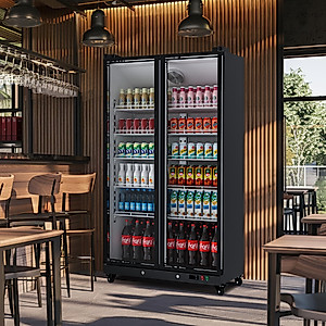 Full Screen Glass Commercial Cooler 27.1 Cu.Ft Aluminum Alloy Frame Merchandiser Refrigerator Low-E Glass Door Display Refrigerator Beverage Cooler, Adjustable Shelves Drink Organizer ETL/DOE, Black