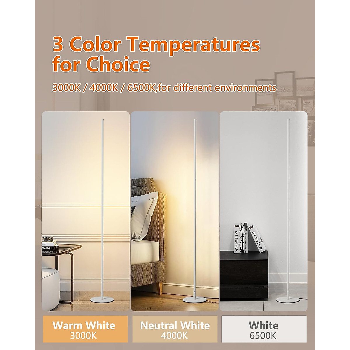 Modern Floor Lamp Led Standing Corner Lamp White Decor Contemporary Metal Floor Lamp for Living Room Bedrooms with Remote & Touch Control