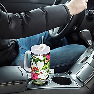 Burbuja Toucans Hibiscus 40oz Insulated Tumblers with Handle and Straw Lid, Double Wall Stainless Steel Travel Mug Leak-Proof, BPA Free, Gift for Mom Dad