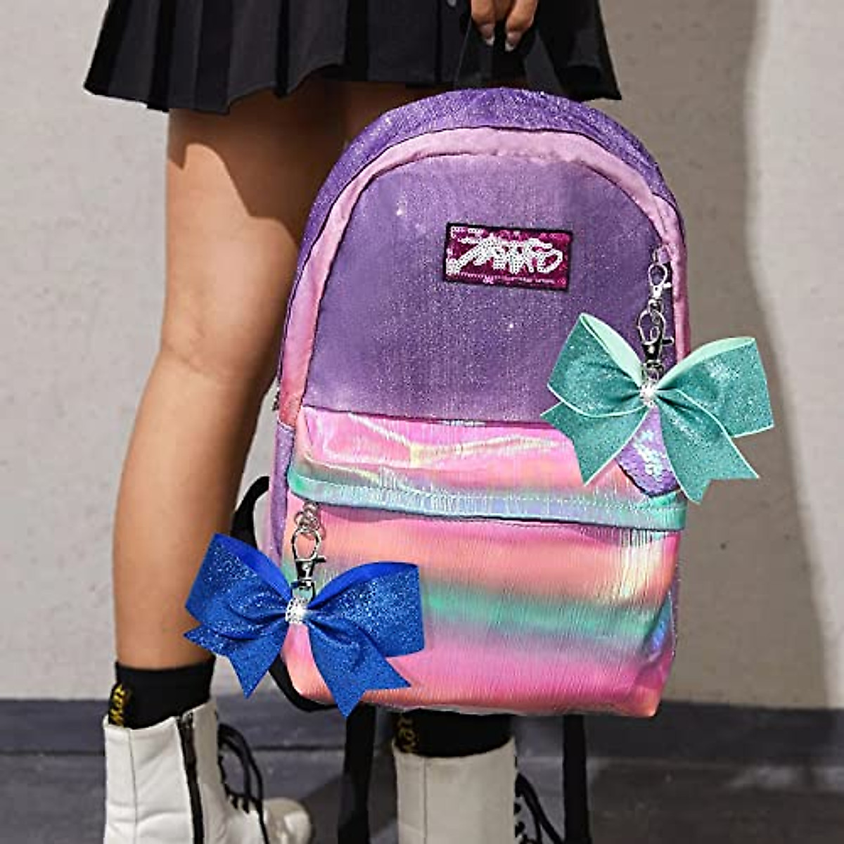 Aileam 6 PCS Cheer Bow Key Chain Glitter Blue Hair Bow with Rhinestones & Sequin for Girls Sports Cheerleader Accessories