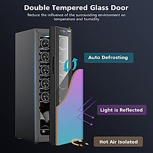 COSTWAY 10 Inch Wine Cooler, 12 Bottles Wine Refrigerator w/Digital Temperature Control, Double-Layer Door & LED Lights, Freestanding Built-in Mini Wine Fridge for Home Bar Office