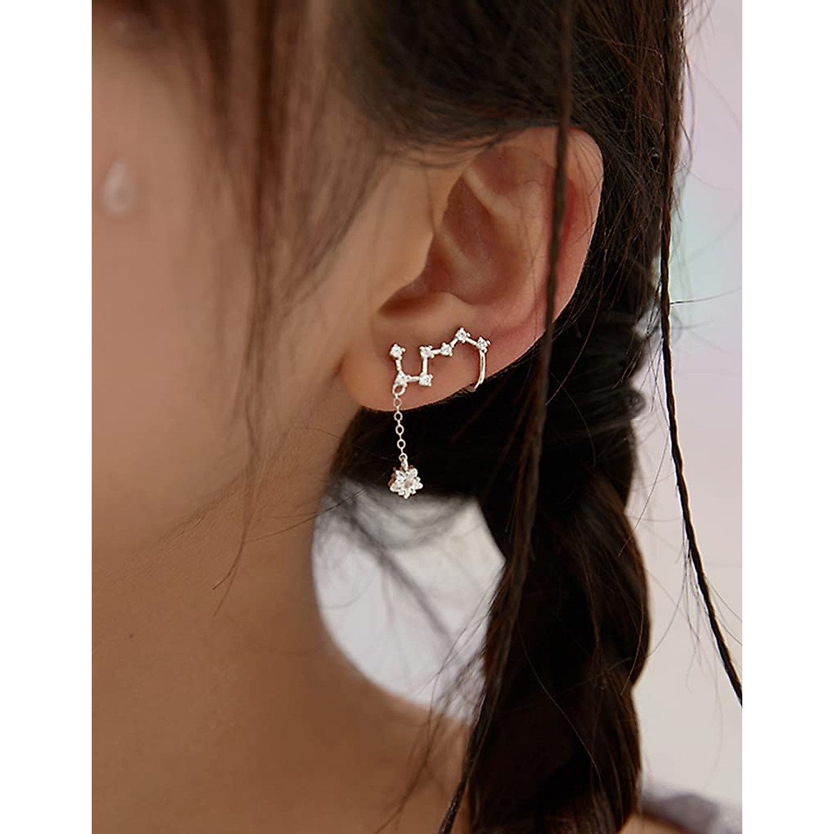 SLUYNZ 925 Sterling Silver Star Cuff Earrings Dangle Chain for Women Big Dipper Crawler Earrings Wrap Star Dangle Earrings (A-Silver)