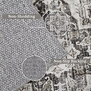 GlowSol Grey 9' x 12' Area Rug, Washable, Non-Slip, Vintage, Bohemian, Low Pile, Machine Made, Polyester, Dining Room