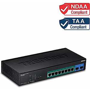 TRENDnet 10-Port Gigabit Web Smart PoE+ Switch, 8 x Gigabit PoE+ Ports, 2 x SFP Slots, Vlan, QoS, IPv6 Support, 20Gbps Switching Capacity, 75W PoE Power Budget, Lifetime Protection, Black, TPE-082WS
