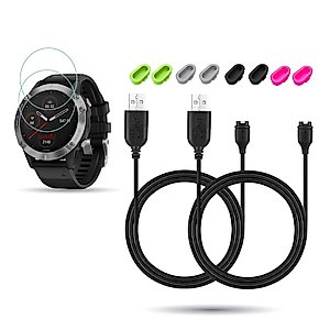 JIUJOJA 2Pack for Garmin Fenix 6/6 Pro/ 6 Sapphire/6 Solar Charging Sync Data Cable and 2Pcs Free HD Tempered Glass Screen Protector and 8pcs Color Charger Port Protector for Smart Watch