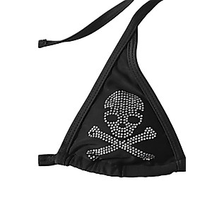 WDIRARA Women's Skull Pattern Halter Triangle Thong Sexy 2 Piece Bikini Swimsuit Black M