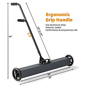 36'' Heavy Duty Magnetic Sweeper with Wheels, 50 Lbs Capacity Rolling Magnetic Floor Sweeper with Release Handle