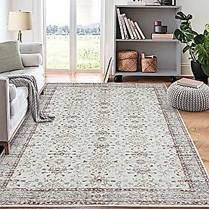 JOLENE.K Area Rug 8x10 Vintage Floral Print Persian Area Rug Indoor Floor Cover Vintage Distressed Low-Pile Area Rug Non-Slip Backing Rug for Bedroom Laundry Room Living Room, Taupe, 8'x10'