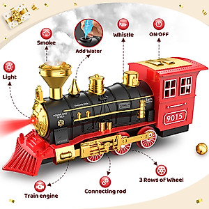 Hot Bee Train Set - Train Toys for Boys w/Smokes, Lights & Sound, Toy Train w/Steam Locomotive, Train Carriages & Tracks, Toddler Model Trains for 3 4 5 6 7 8+ Years Old Kids Birthday Gifts