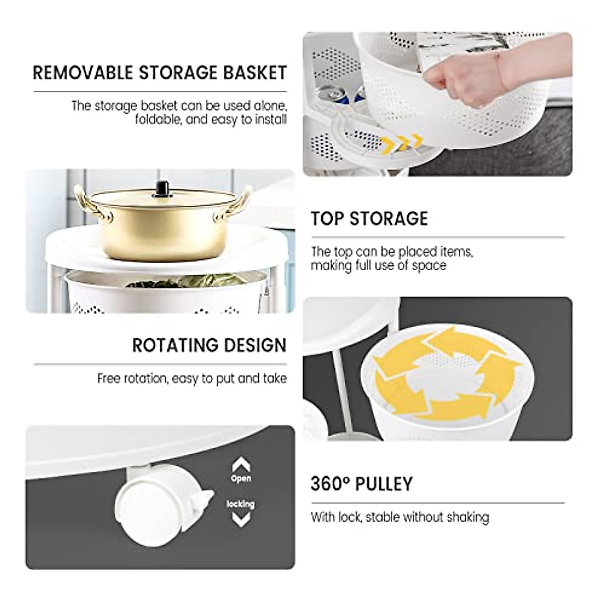 JELLYRATTBIT 5 Tier Fruit Vegetable Storage Basket, Multi-Layer Rotating Storage Shelf with Wheels, Floor-Standing Storage Rack for Kitchen Living Room Bedroom Bathroom, White