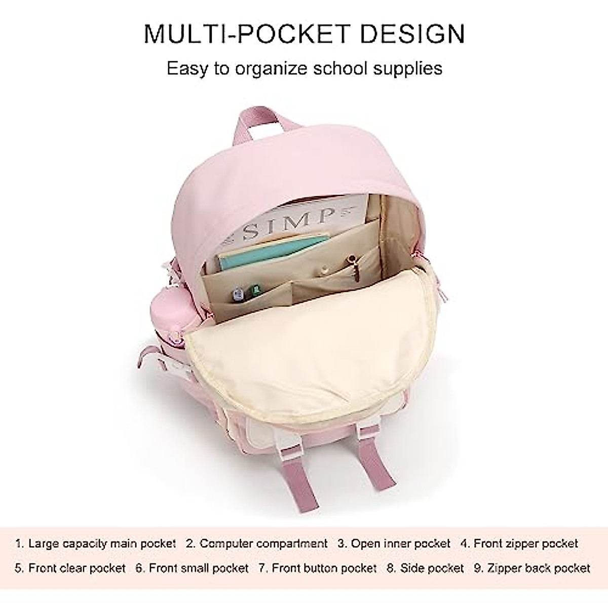 Phaoullzon Kawaii Backpack for School Aesthetic Bookbag Cute Anime Backpacks for Girls with Pins and Pendant, Pink
