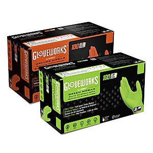 GLOVEWORKS HD Orange & Green Nitrile Disposable Gloves, 8 Mil, Latex-Free, Diamond Texture, Large, 1 Box of 100 Per Color