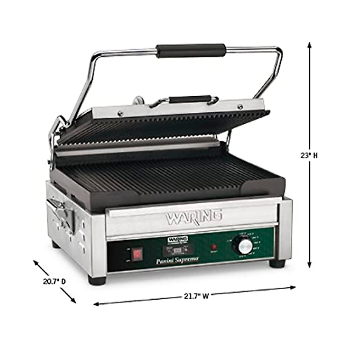 Waring Commercial WPG250T Panini Supremo Large Ribbed Panini Grill, With 20 Minute Countdown Timer, 120V, 1800W, 5-15 Phase Plug,Green