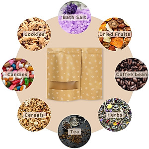 100PCS Stand Up Pouches with Window, Kraft Ziplock Pouch bags, 7"x 10.2", Reusable Stand Up Bags, Resealable & Heat Sealable Odor Free Food Storage Bag, Packaging for Small Business & Home Use [LEAF]