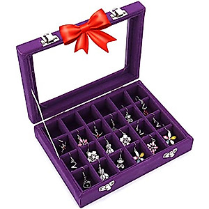 Hivory Velvet Earring Jewelry Box - 24 Grid Small Jewelry Earring Organizer Box with Snap Button - Earring Holder for Girls and Teen, Secure and Travel Friendly (Purple)