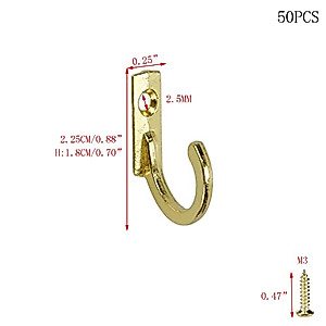 Faotup 50PCS Zinc Alloy 0.70Inch Heigth Gold Wall Mounted Single Hook Robe Hooks,Small Coat Hooks for Hanging,Gold Metal Hooks,with M3 Screws