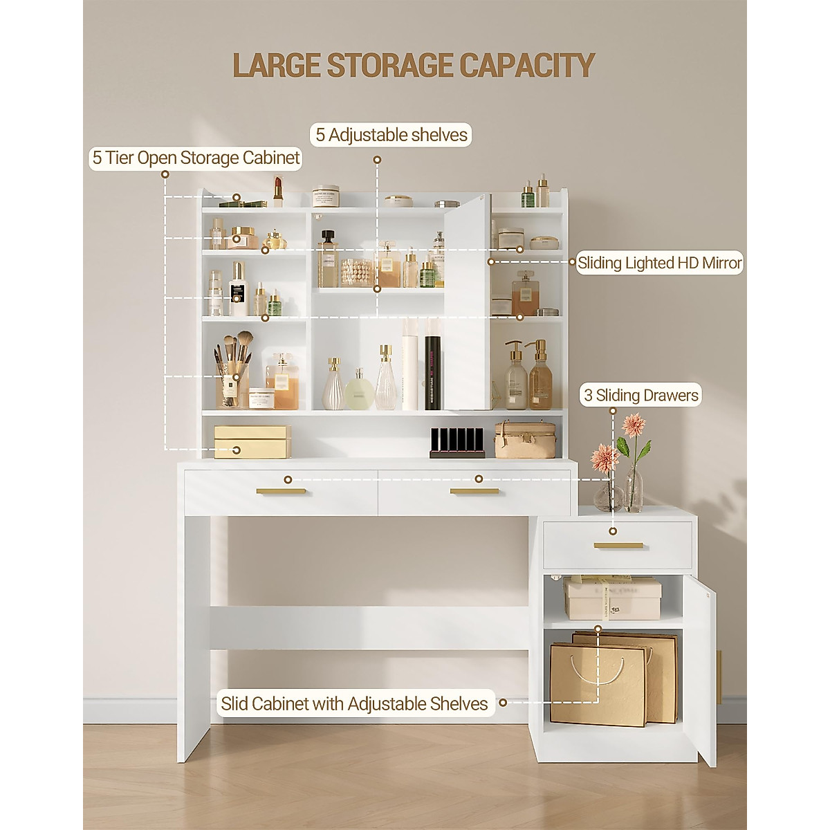 HILINSIE Large Vanity Desk with Light Mirror, Makeup Vanity Dressing Table with 3 Drawers, Adjustable Shelves, Storage Cabinet, Bedroom Vanity Table for Women‘s Day (White)