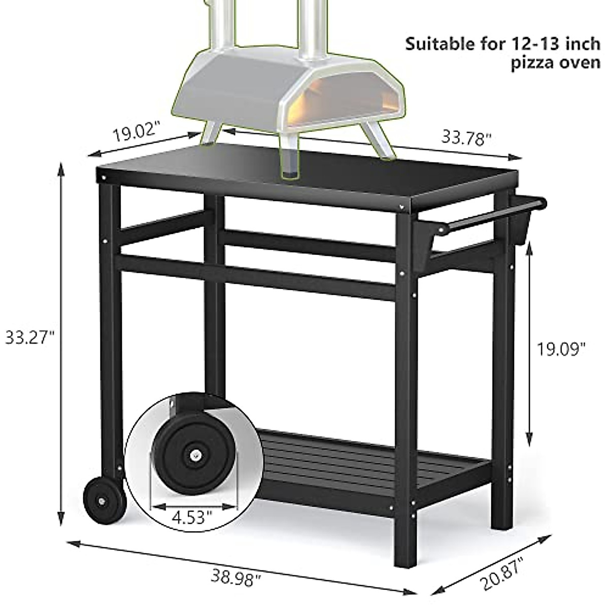 Outdoor Prep Dining Table,Movable Pizza Oven Stand, Stainless Steel Patio Bar Cart,Patio Grilling Backyard BBQ Grill Cart,Dark Gray Tabletop（Black）