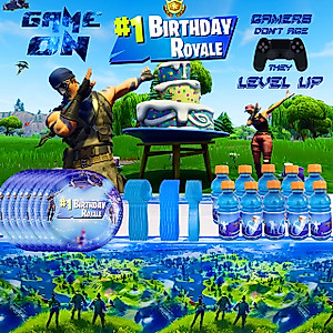 Gaming Party Supplies Birthday Decoration Set 142 Pack - Balloons, Toppers, Bottle Stickers Labels, Stickers, Wall Poster, Banner Video Game Themed & More