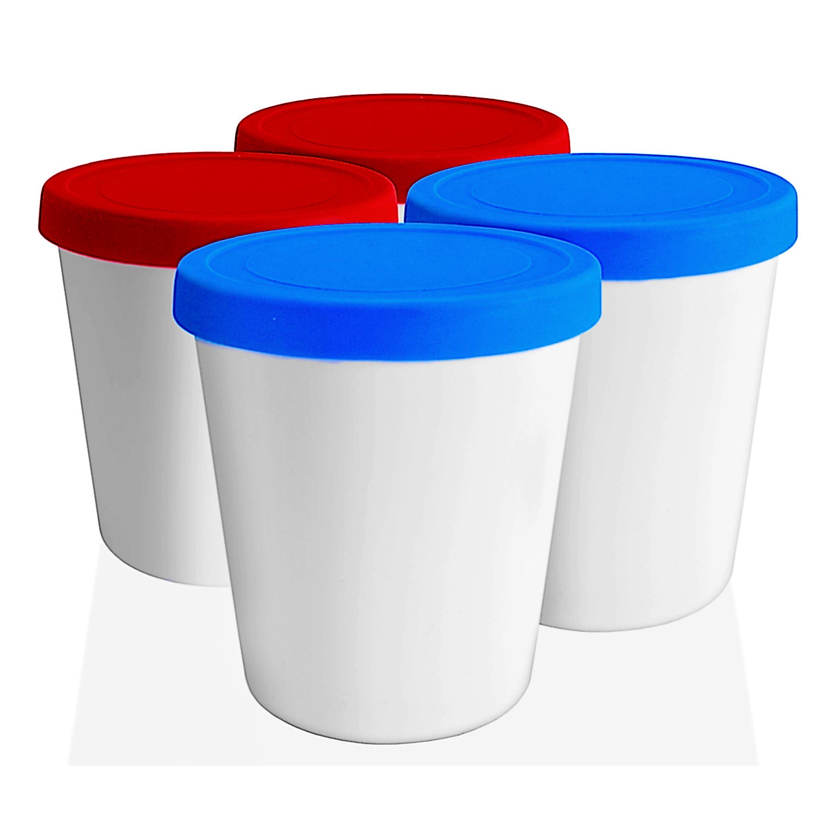 LIN Ice Cream Containers 4-Pack - 1Quart Reusable Round Storage Tubs for Homemade Ice Cream, Dessert, Gelato, Sorbet, 2 Red & 2 Blue Silicone Lids - Non-BPA Plastic Containers - Dishwasher-Safe - No Freezer Burn
