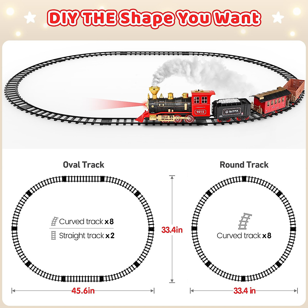Hot Bee Train Set - Train Toys for Boys w/Smokes, Lights & Sound, Toy Train w/Steam Locomotive, Train Carriages & Tracks, Toddler Model Trains for 3 4 5 6 7 8+ Years Old Kids Birthday Gifts