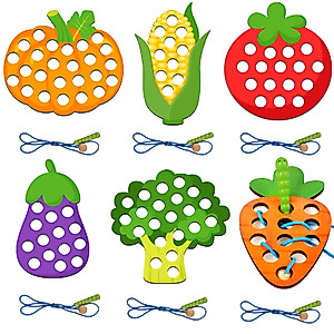 6 Pcs Lacing Toy Toddlers, Vegetable Wooden Threading Toys, Educational and Learning Montessori Activity Baby and Kids, Fine Motor Skill Toys, Pumpkin, Corn, Tomato, Eggplant, Broccoli, Carrot