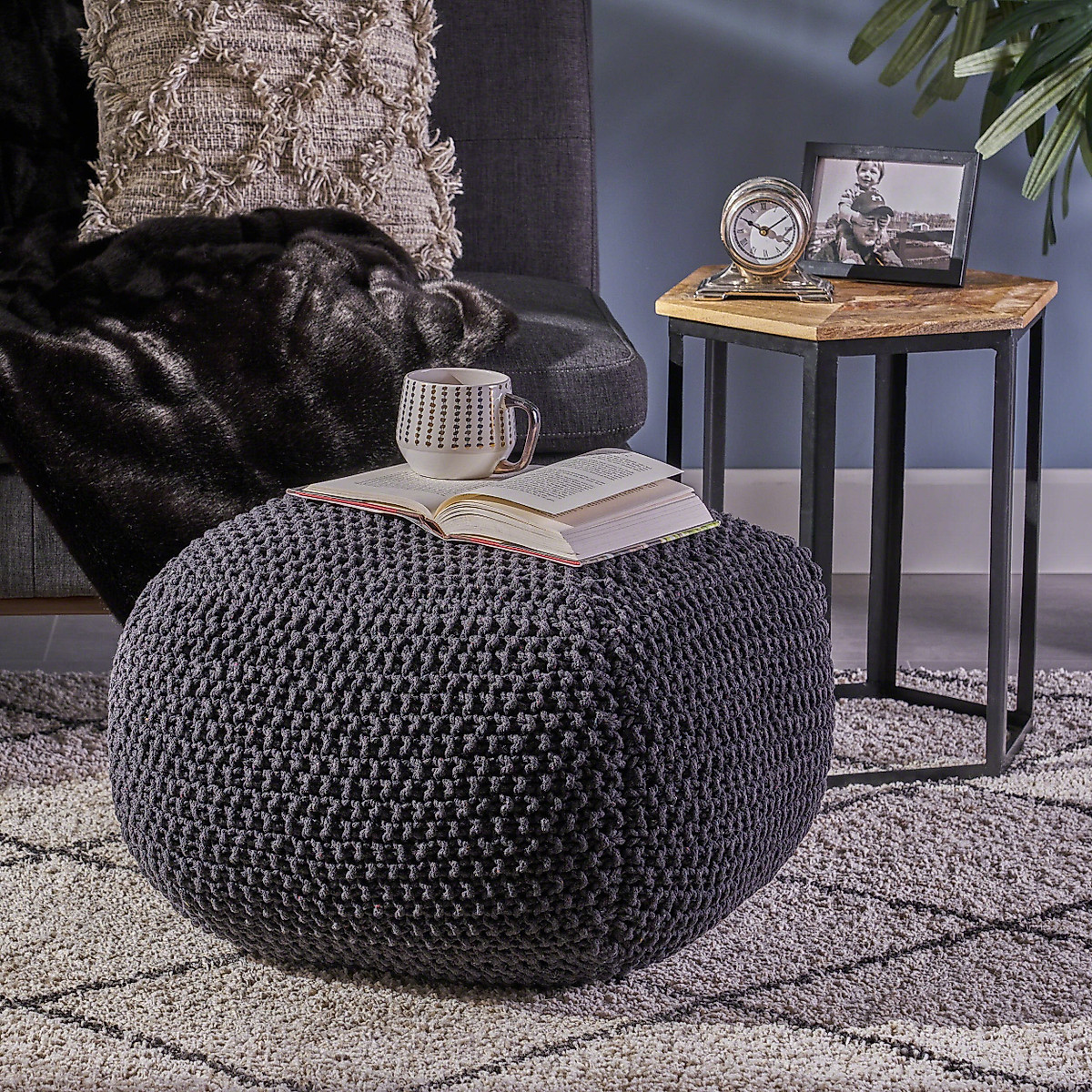 Christopher Knight Home Joyce Knitted Cotton Square Pouf, Dark Grey Small