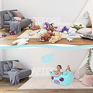 Aubliss Unicorn Stuffed Animal Storage Bean Bag Chair for Kids, Velvet Extra Soft Beanbag Chairs Cover, X-Large Stuffable Zipper Bean Bag for Organizing Plush Toys Girls Bedroom Decor, Cyan