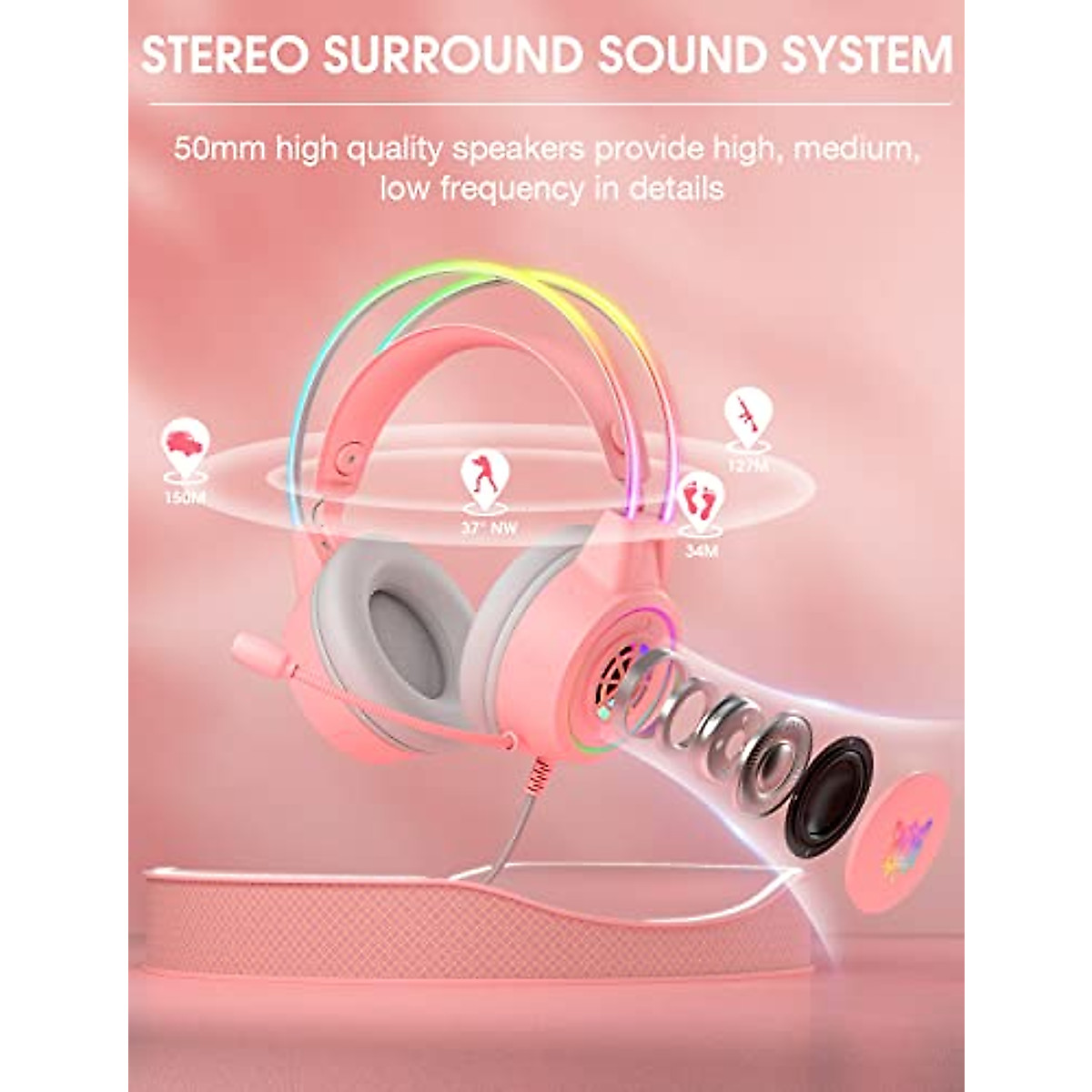 SIMGAL Gaming Headset with Mic, 3.5mm Lightweight Headphones with RGB Aluminum Frame, Surround Sound, Compatible with PS4 PS5 Xbox One(Adapter Not Included) PC Mobile Phone (Pink Without Antler)