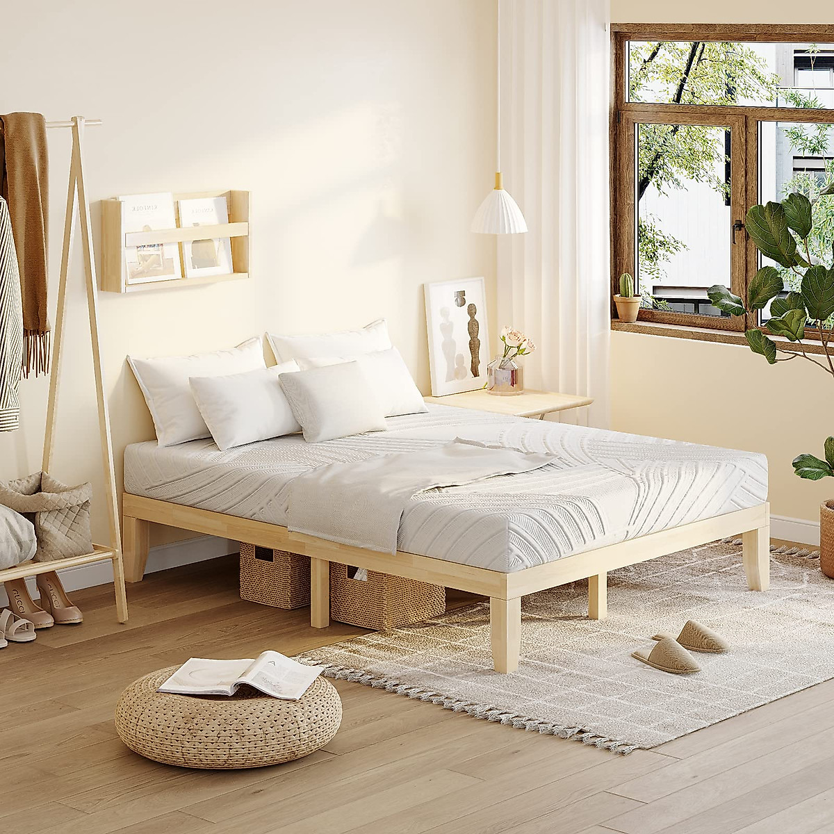 KOMFOTT 14 Inches Wood Platform Bed Frame King Size, Solid Wood Mattress Foundation with Rubber Wood Frame, Strong Poplar Wood Slat Support, No Box Spring Needed, Bed Frame (Natural)