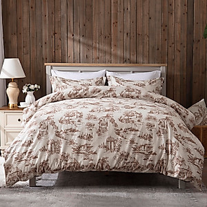 BISELINA Vintage Linen Duvet Cover Set Landscape Printed Pattern 3pcs (1 Comforter Cover, 2 Pillow Shams)- Natural Flax Cotton Blend Reversible Breathable Retro Country Bedding - Coffee, Queen
