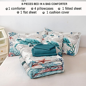 Bedbay 8 Pieces Nautical Bedding Sea Turtle Queen Comforter Set with Sheets Turquoise Comforter Retro Style Teen Girls Boys Turtle Bedding Set Ocean Themed Soft Fluffy Bed Set(Ocean,Queen)