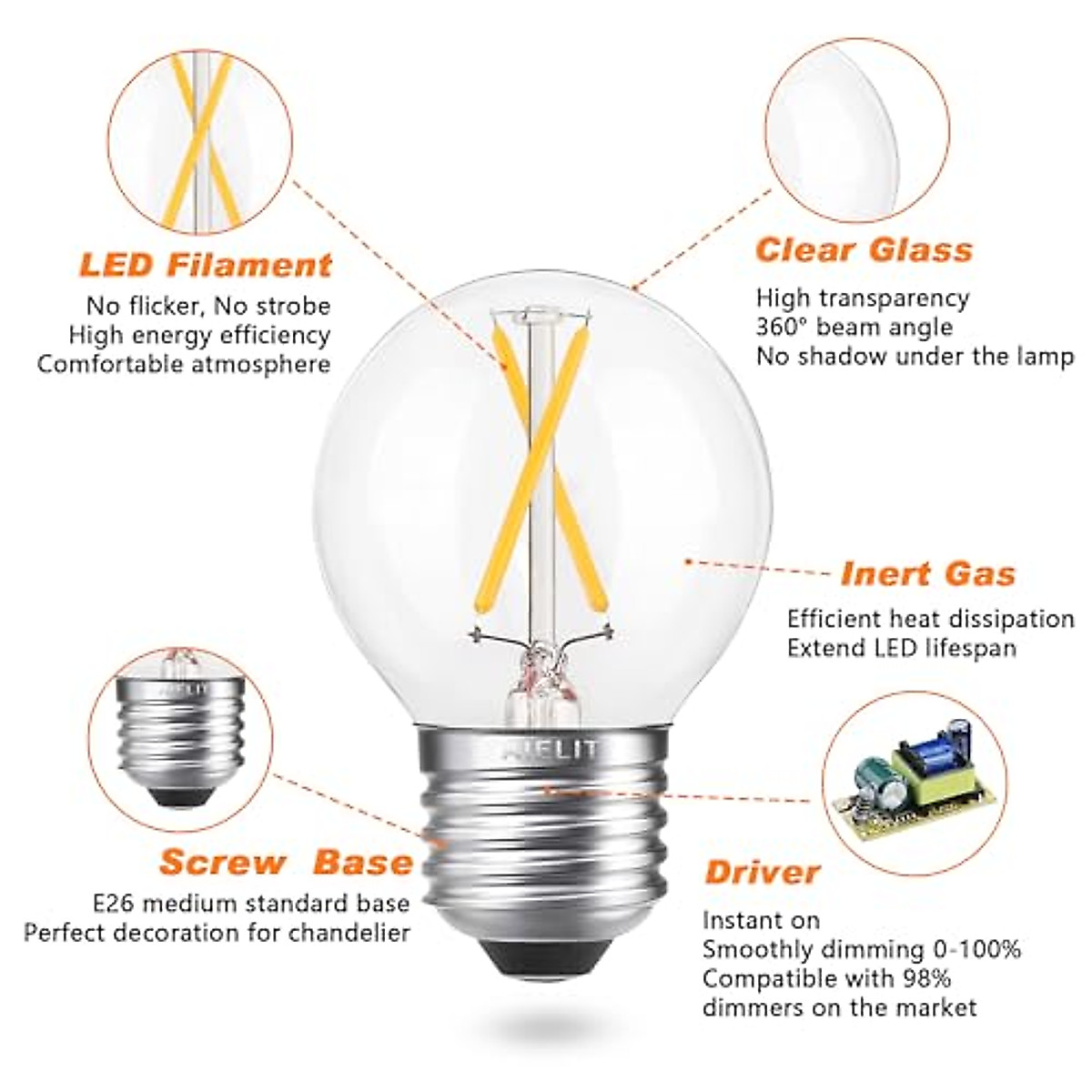 AIELIT Dimmable 2 Watt Globe LED Light Bulbs (25W Equivalent), Warm White 2700K, A15/A50 LED Bulb, E26 Medium Base, Antique Filament Edison Decorative Bulb for Chandelier, Ceiling Fan, 4 Pcs