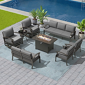 Piltwoff 8 Piece Patio Furniture Set,9-Seat Modern Metal Outdoor Conversation Sets w/45in 55000BTU Propane Fire Pit Table,Swivel Rocking Chairs Patio Sectional Sofa w/Coffee Table,Grey