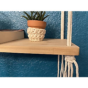 Macrame Bamboo Shelf with Sea Glass for Wall Hanging -2 Tier w/Beads - Unique Woven Boho Home Organizer Decor, Floating Storage for Small Plants, Handmade Cotton Rope-Bedroom, Living Room, Bathroom